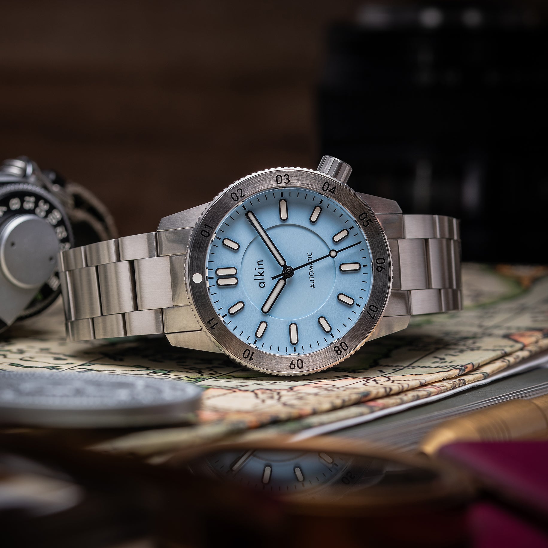 Model Three Dual Time - Powder Blue Dial / SS Case – alkinwatches